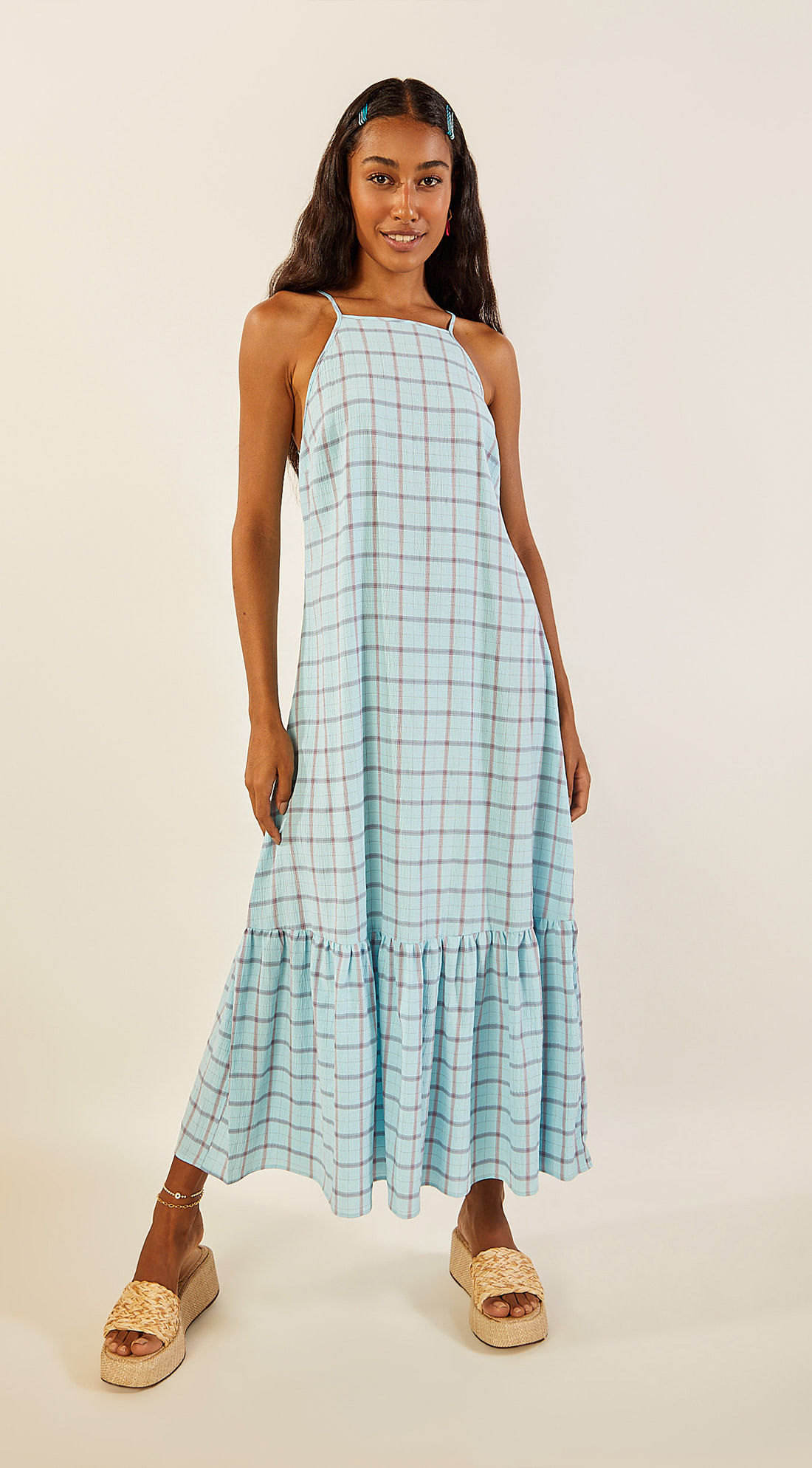 Vestido Zinco Midi Decote Reto Com Faixa Azul-Pastel M